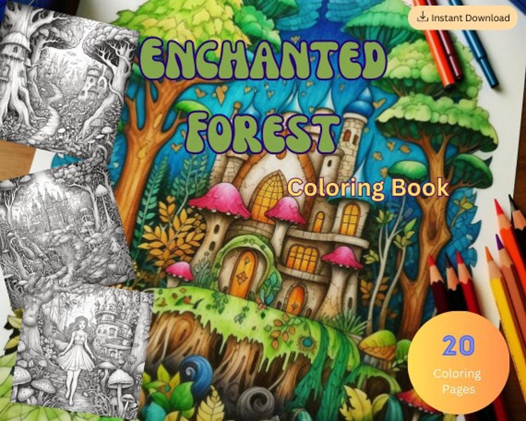 20 Enchanted Forest Coloring Page Book, Adults Kids Instant Download ...