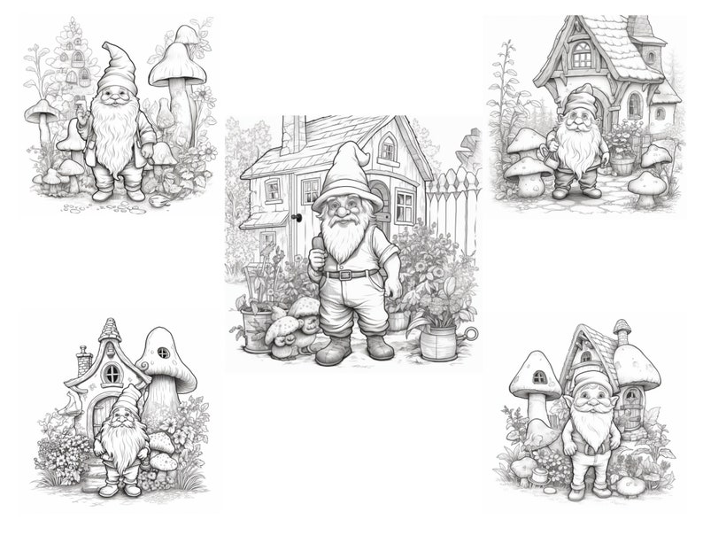 25 Enchanting Garden Gnomes Coloring Page Book, Adults Kids Instant ...