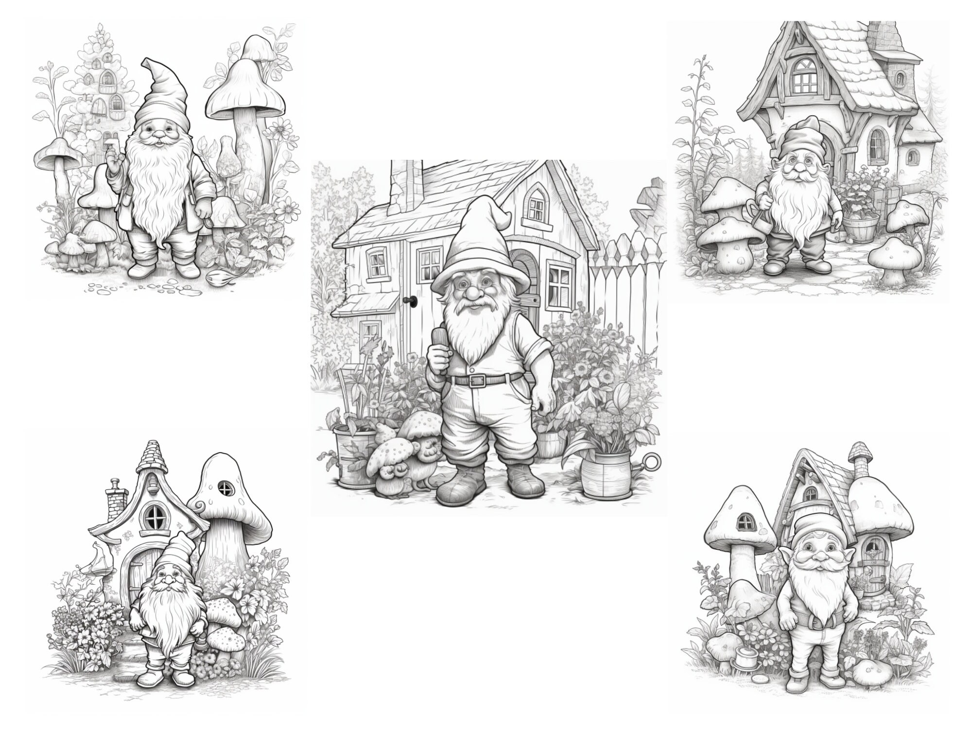 25 Enchanting Garden Gnomes Coloring Page Book, Adults Kids Instant ...