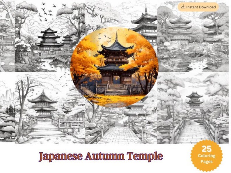 25 Japanese Autumn Temple Coloring Page Book, Adults + Kids- Instant ...