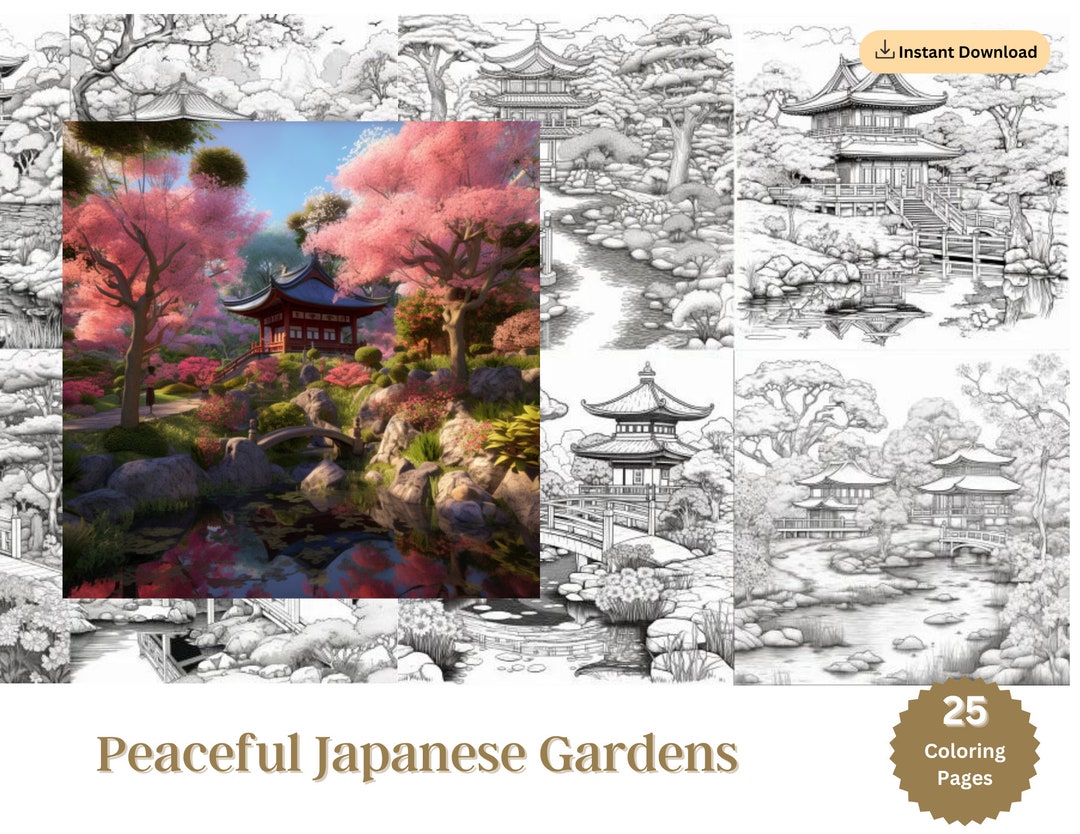 25 Peaceful Japanese Gardens Coloring Page Book, Adults Kids Instant ...