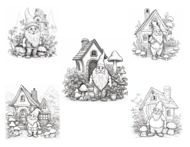 25 Enchanting Garden Gnomes Coloring Page Book, Adults Kids Instant ...