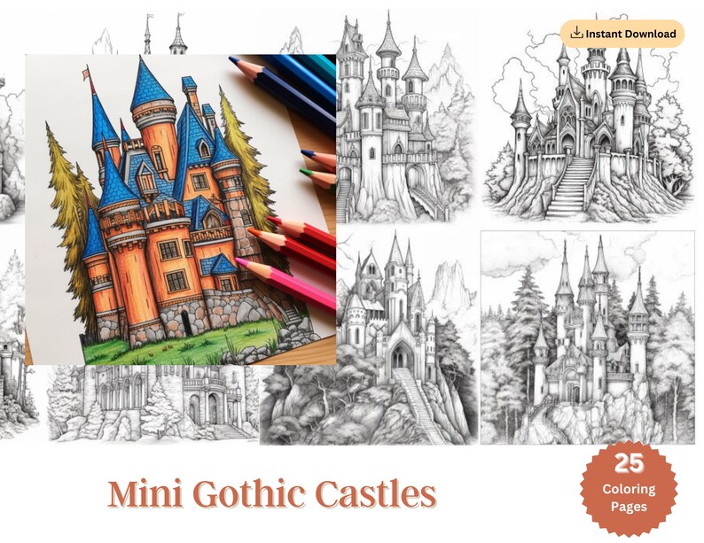 30 Mini Gothic Castles Coloring Page Book, Adults Kids Instant Download ...