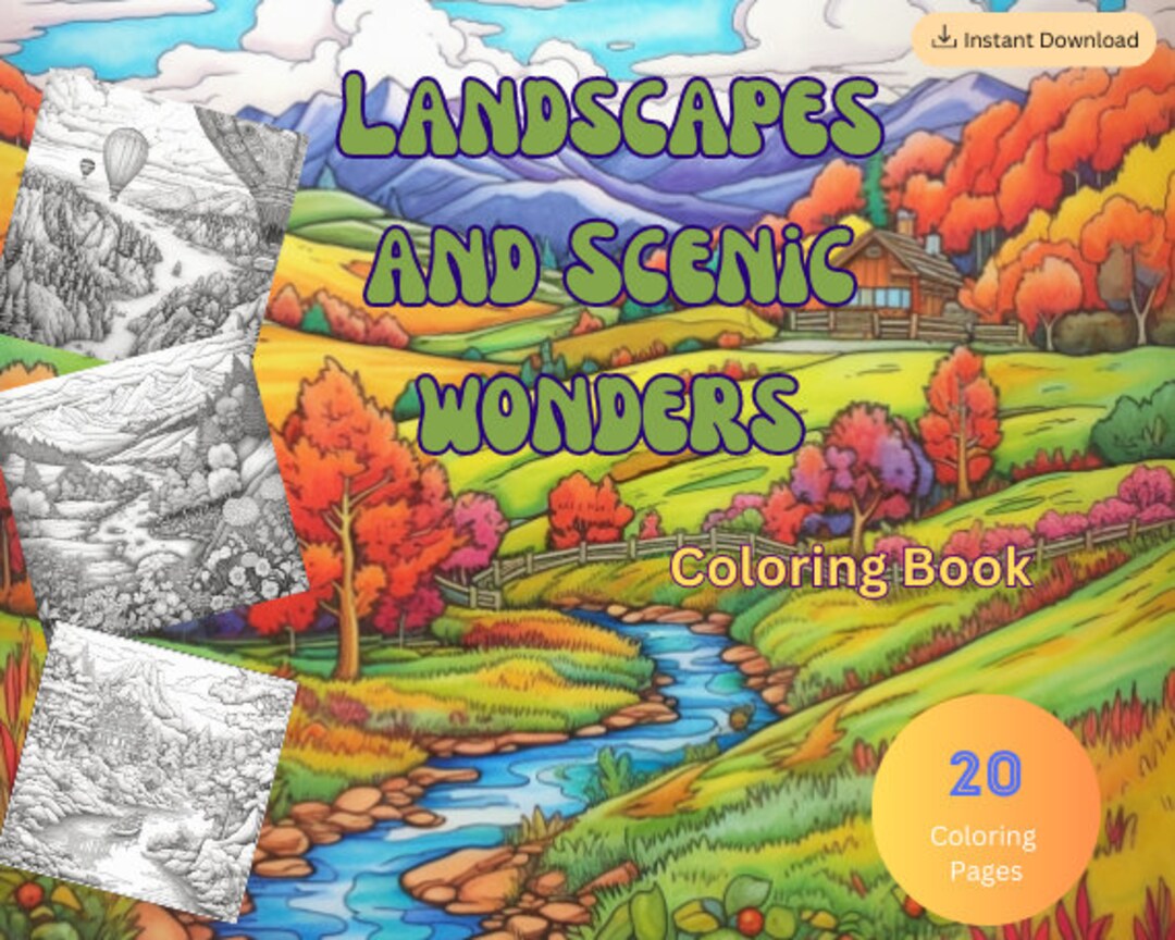 20 Landscape and Scenic Wonders Coloring Page Book, Adults Kids Instant ...
