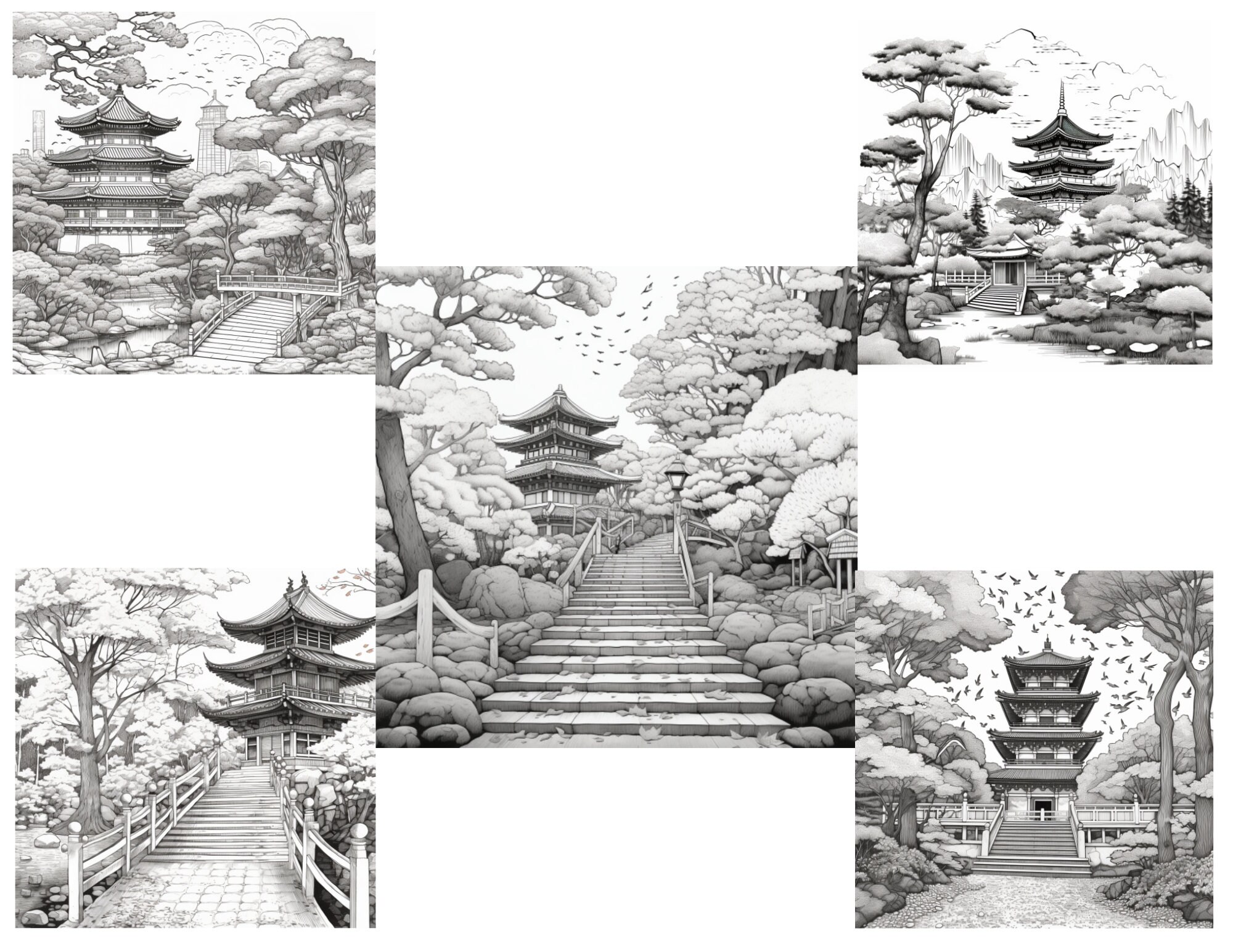 25 Japanese Autumn Temple Coloring Page Book, Adults + Kids- Instant ...