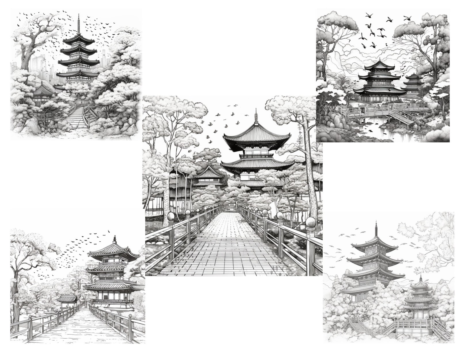 25 Japanese Autumn Temple Coloring Page Book, Adults + Kids- Instant ...