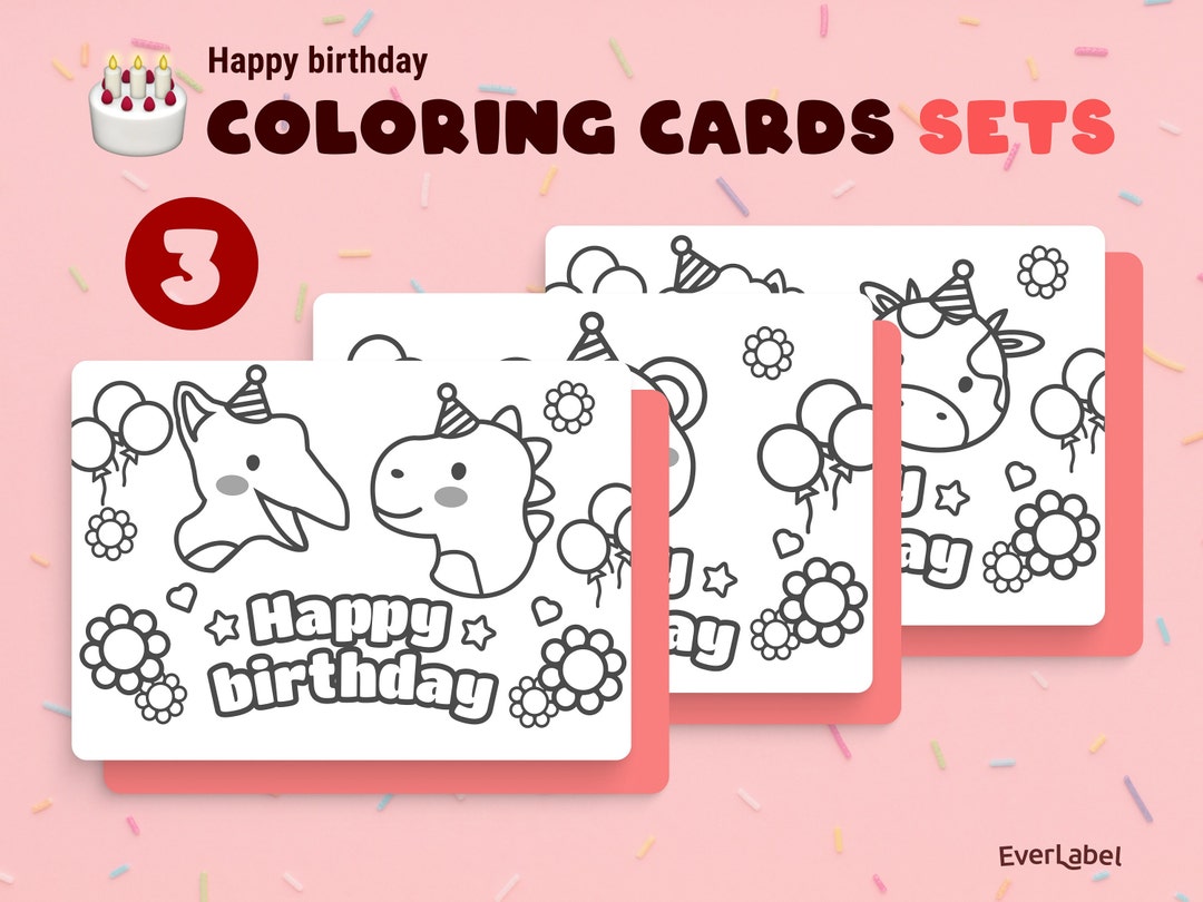 Printable Birthday Coloring Card Sets Dino Bear Lambcow - Etsy