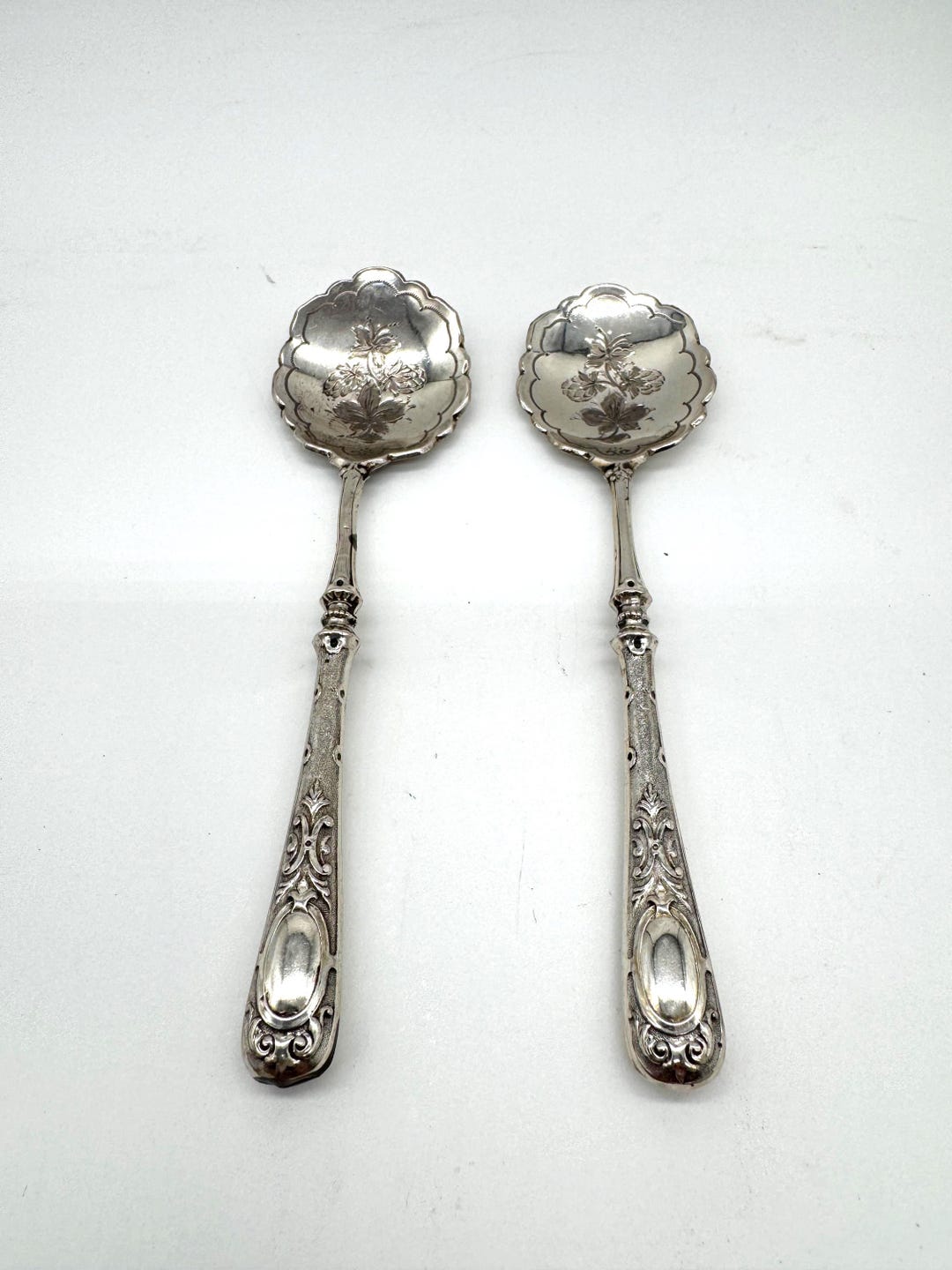 Antique 800 Silver Sugar Spoons: Embossed Floral Design, Early 20th ...