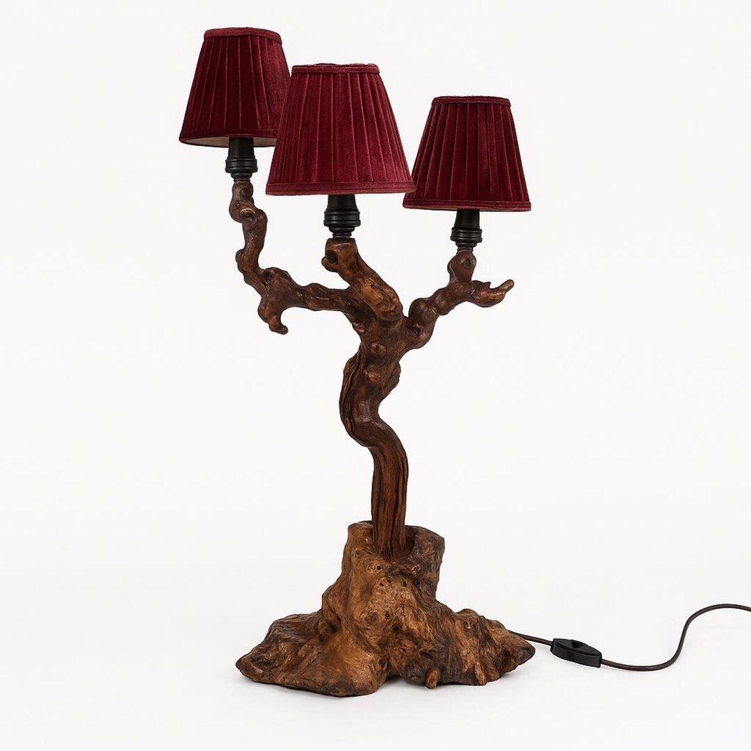 66cm Grape Vine Lamp With Red Velvet Shades – Rustic Organic Table Lamp ...