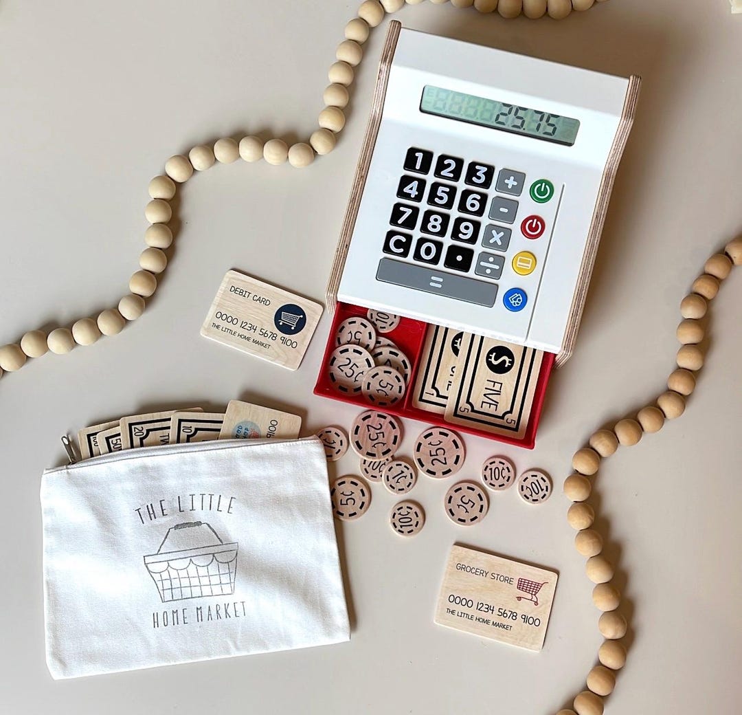 Wooden Toy Cash Register With Play Money & Cards - Etsy