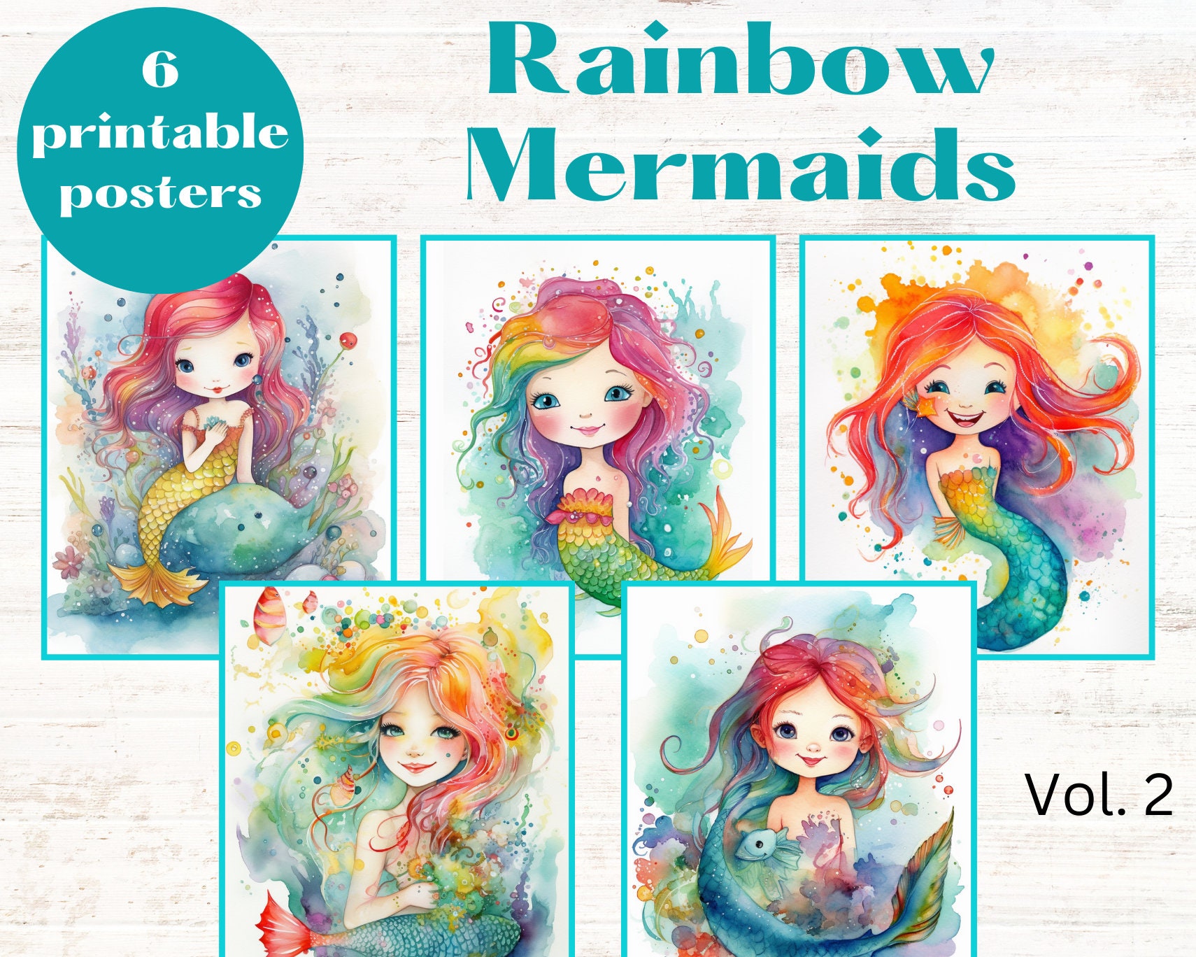 Kids Rainbow Mermaids Printable Posters X6, Nursery Pictures for Kids ...