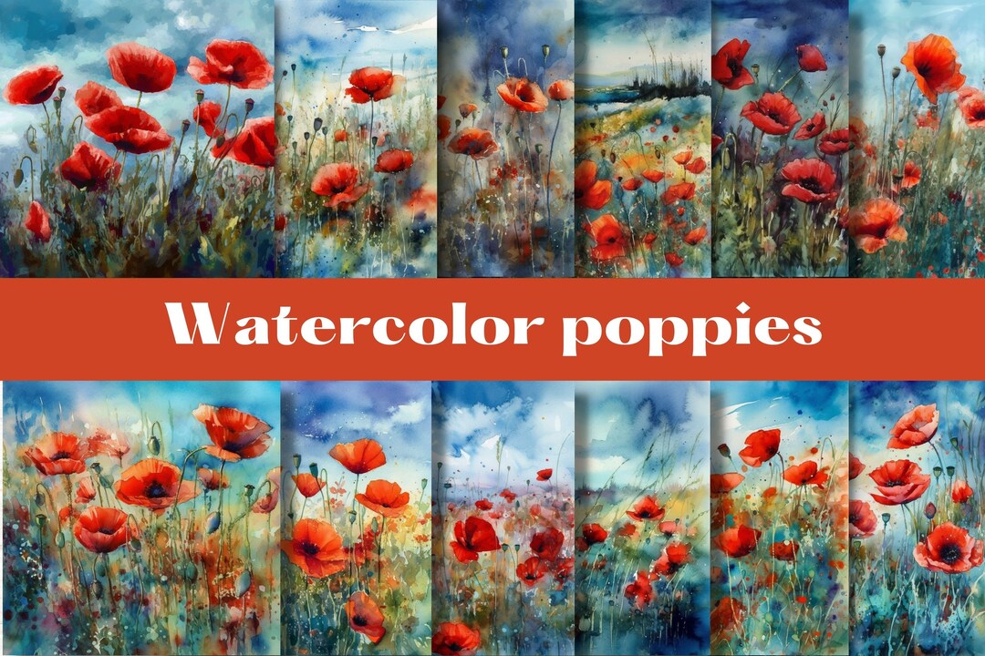 Poppies Watercolor Digital Papers, Backgrounds, Floral Pattern, Digital ...