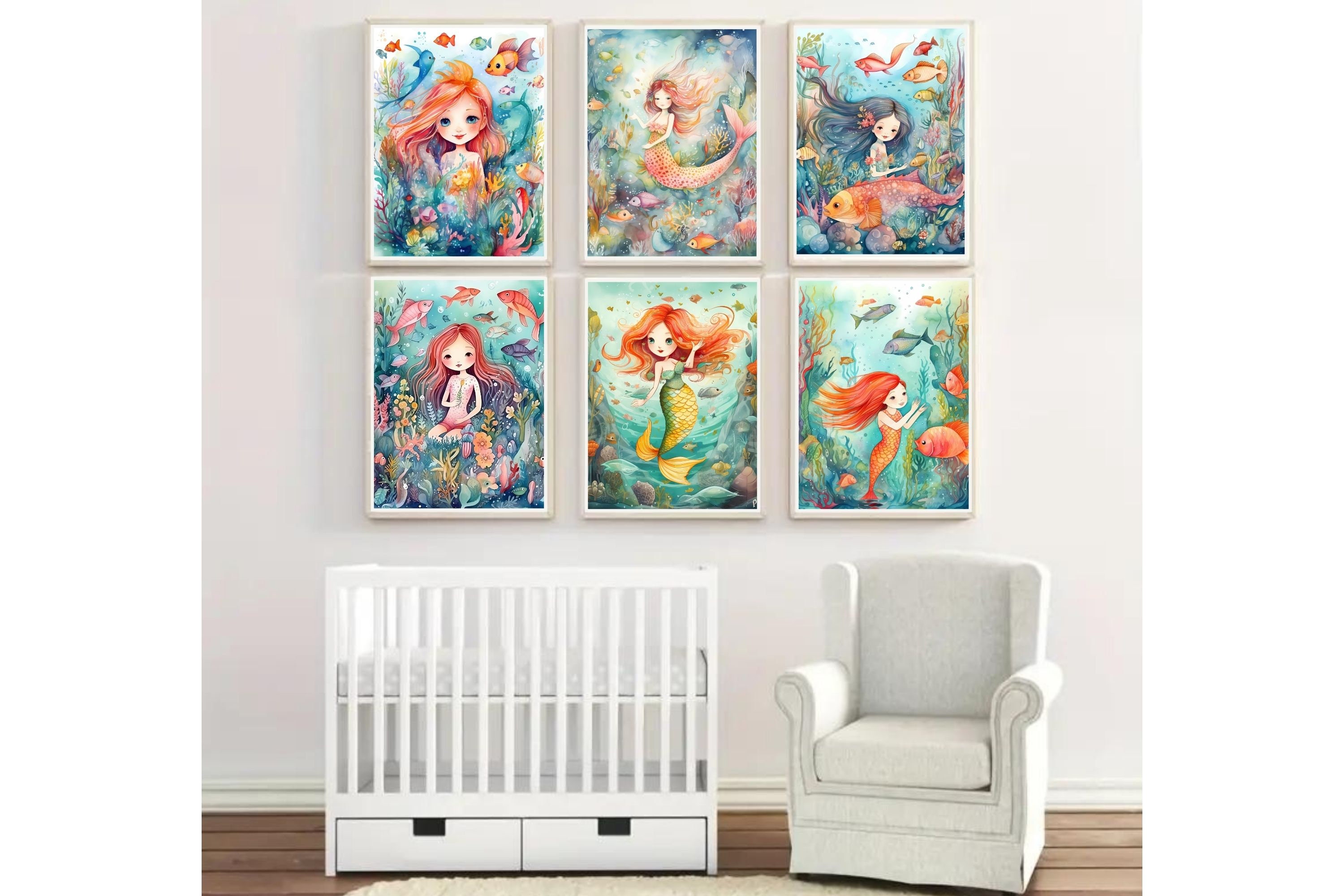 Mermaids and Coral Reef Full Page Color Wall Art, 6 Printable Mermaids ...