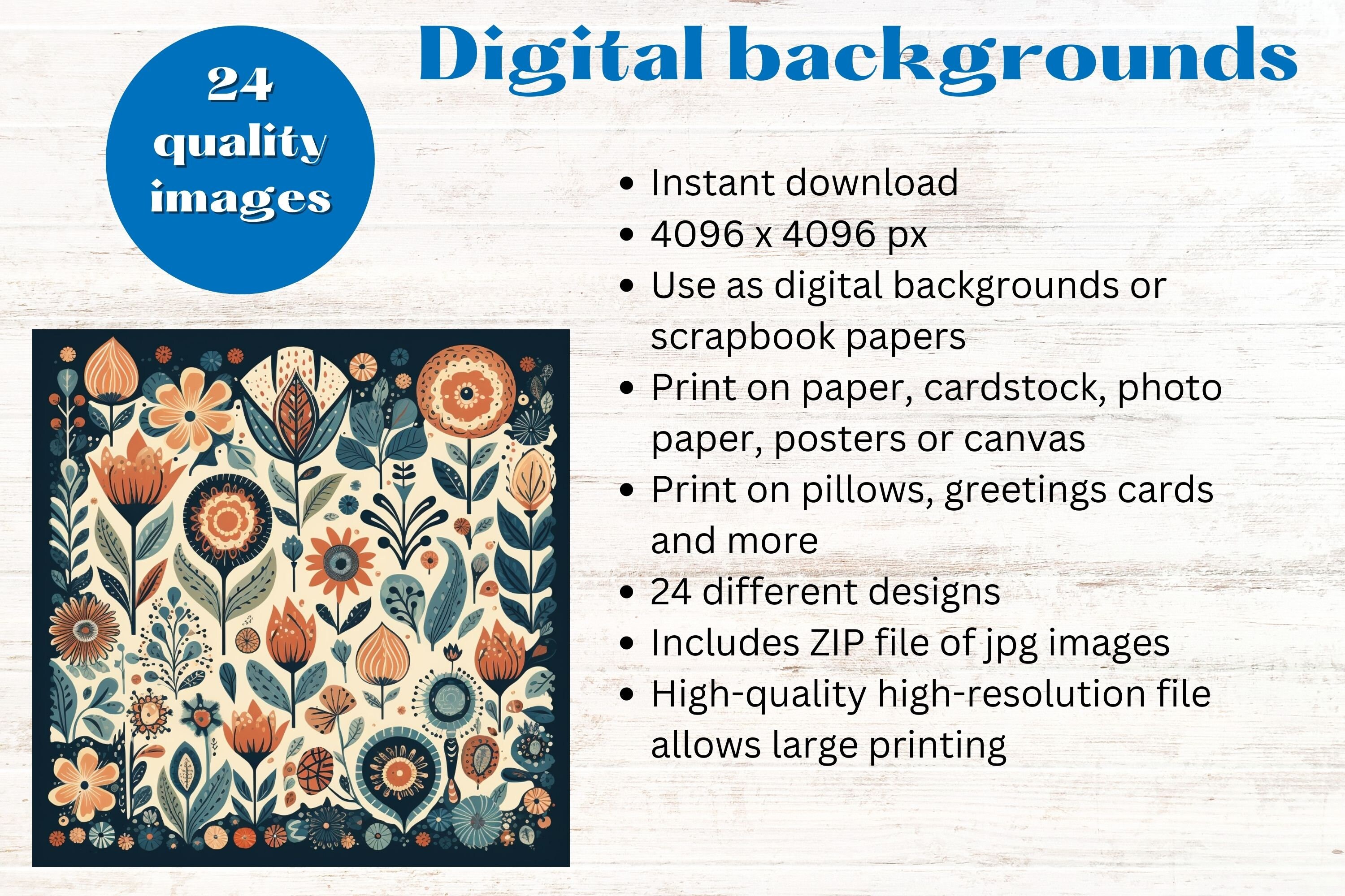 Folk Art Scandi Digital Papers, Backgrounds, Digital Scrapbook Paper ...