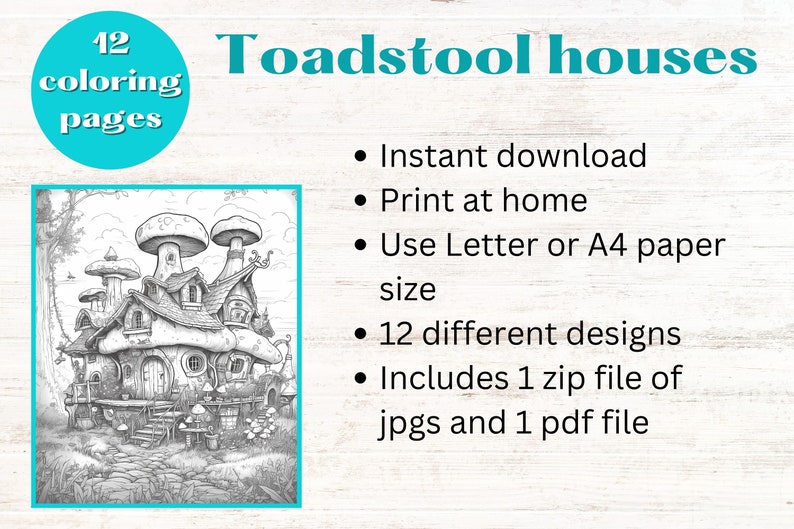 Toadstool Fairy Houses Coloring Pages for Adults, Instant Download ...