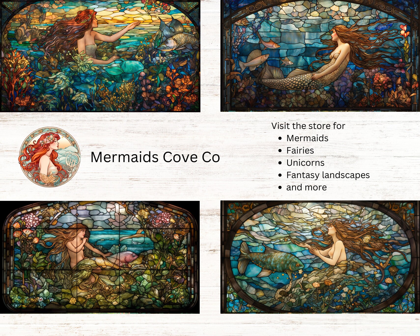 Set of 8 Stained Glass Mermaids Digital Wallpapers or - Etsy