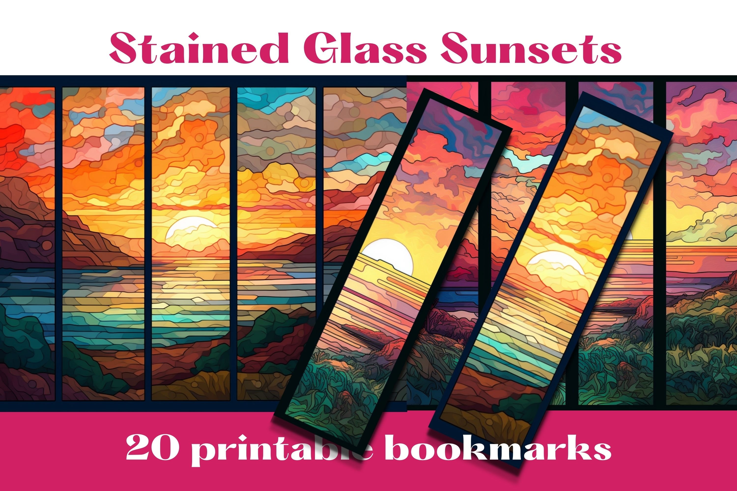 Stained Glass Sunsets Printable Bookmarks, Print at Home Book Marks ...