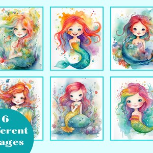 Kids Rainbow Mermaids Printable Posters X6, Nursery Pictures for Kids ...