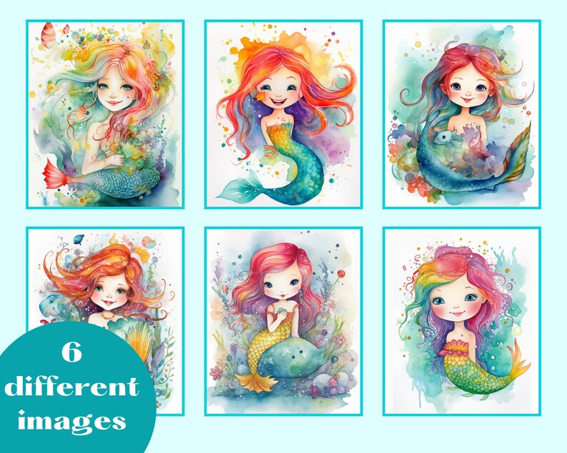 Kids Rainbow Mermaids Printable Posters X6, Nursery Pictures for Kids ...