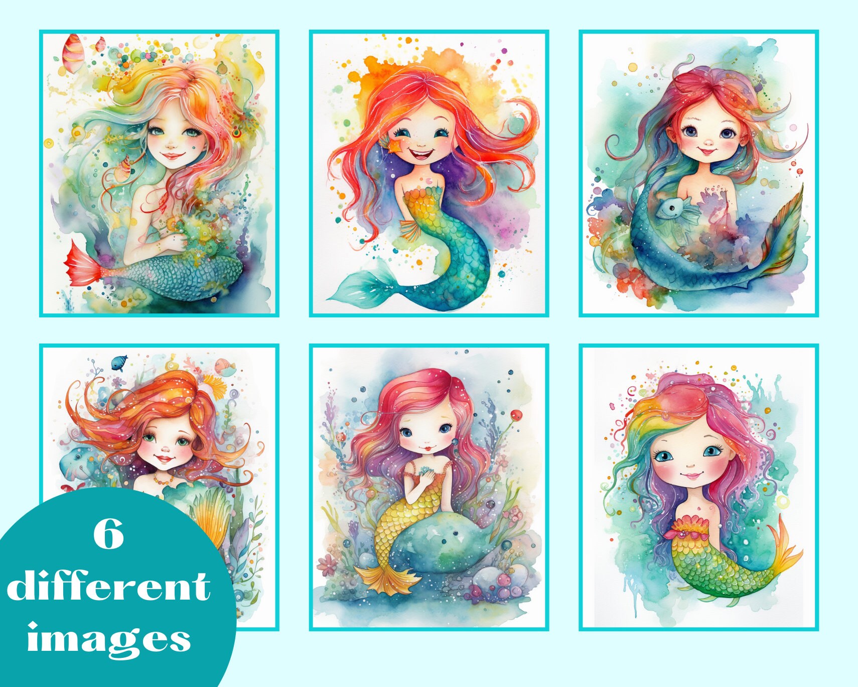 Kids Rainbow Mermaids Printable Posters X6, Nursery Pictures for Kids ...