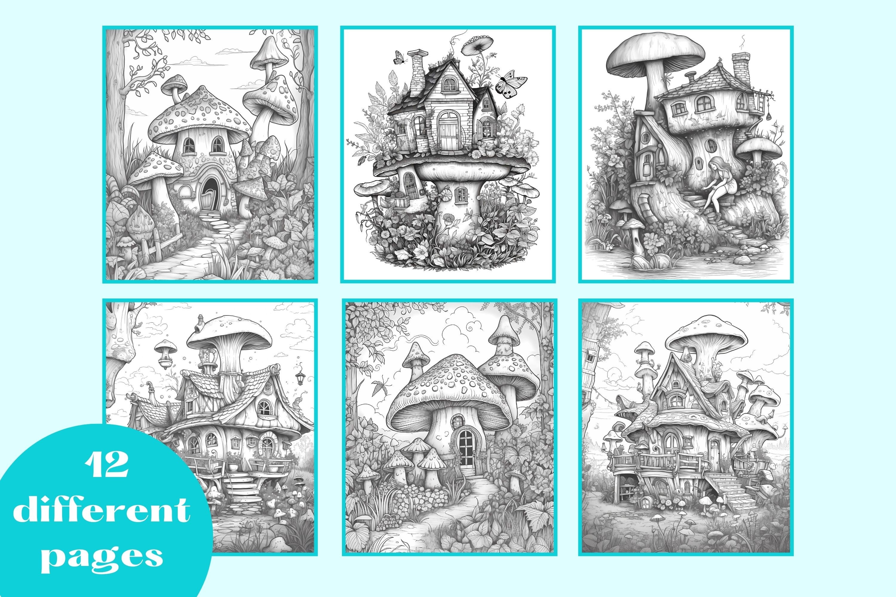 Toadstool Fairy Houses Coloring Pages for Adults Instant - Etsy