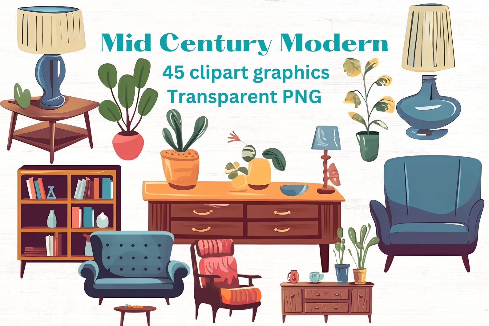 MIDCENTURY MODERN FURNITURE Clipart Set, 45 Clip Art Images ...