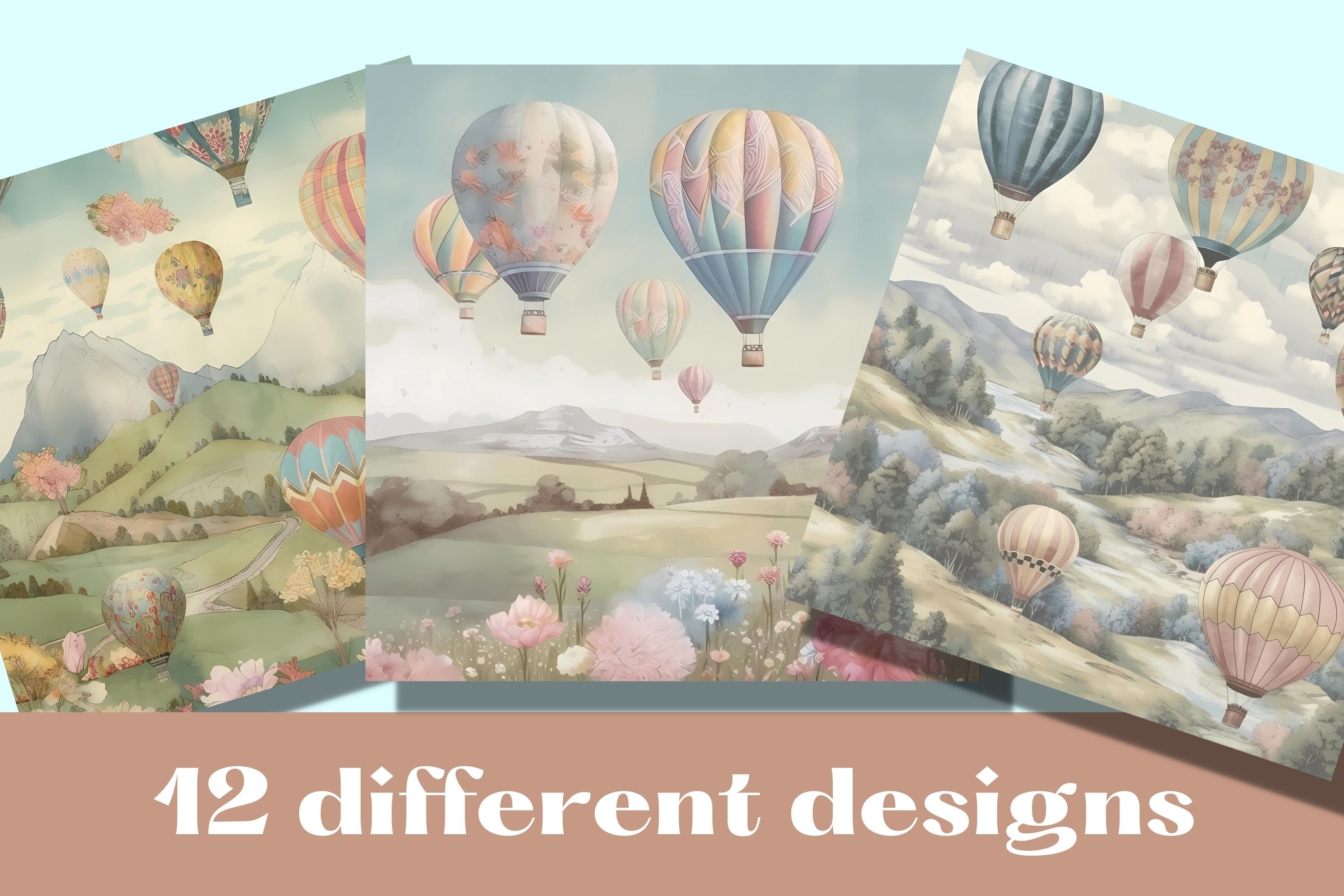 Shabby Chic Hot Air Balloons Digital Papers, Backgrounds, Digital ...