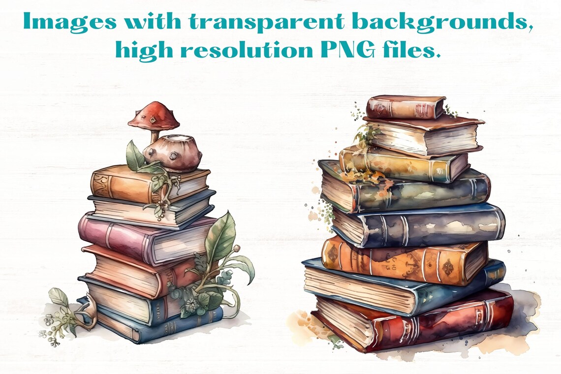 VINTAGE BOOKS Watercolor Clipart Set, 7 Clip Art Images, Transparent ...