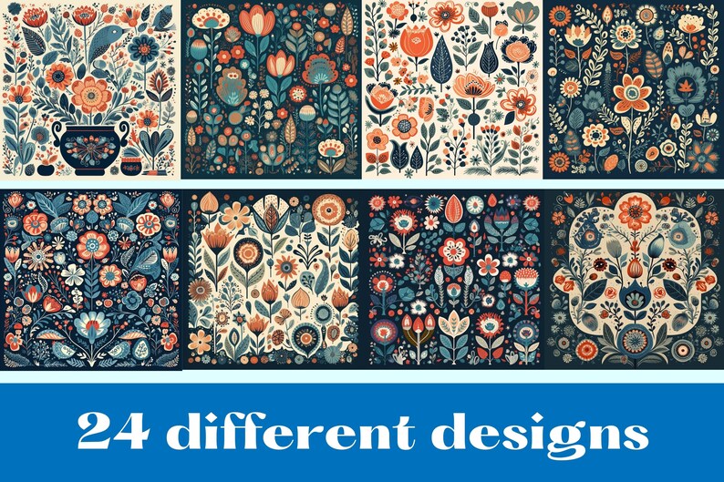 Folk Art Scandi Digital Papers, Backgrounds, Digital Scrapbook Paper ...