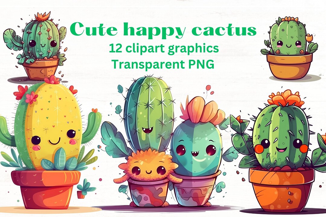 CUTE HAPPY CACTUS Cartoon Clipart Set, 12 Clip Art Images, Transparent ...