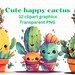 CUTE HAPPY CACTUS Cartoon Clipart Set, 12 Clip Art Images, Transparent ...