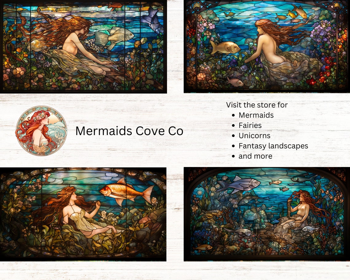 Set of 12 Stained Glass Mermaids Digital Wallpapers or - Etsy