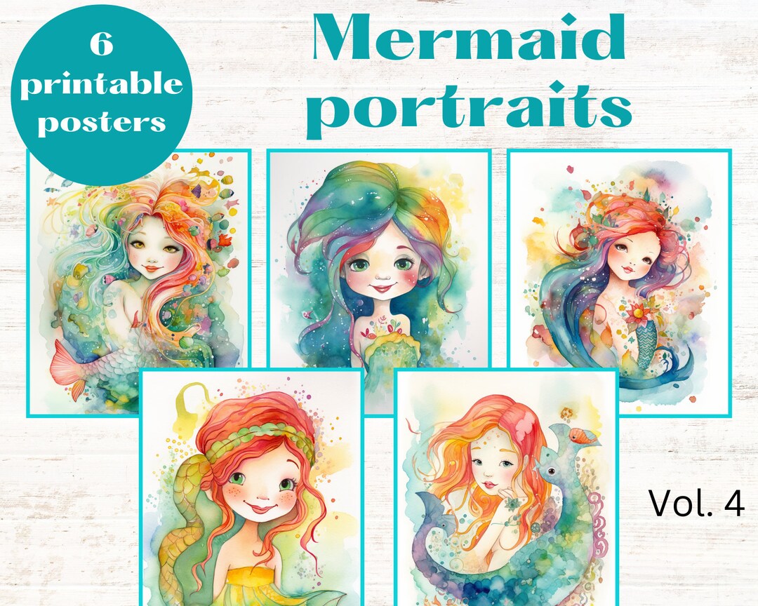 Mermaid Portraits Cute Printable Posters X6, Nursery Pictures for Kids ...