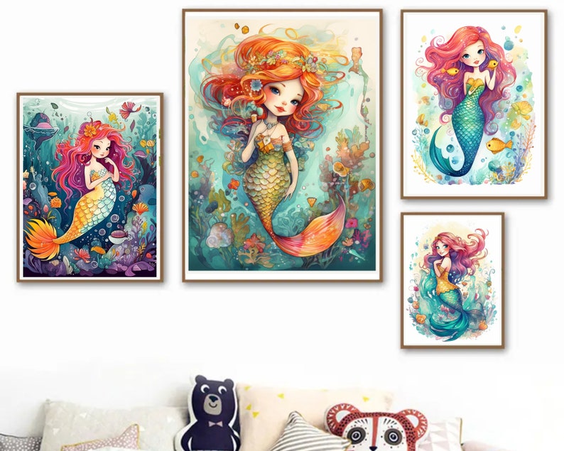 Kids Glam Mermaids Printable Posters, Nursery Pictures for Kids, Pretty ...