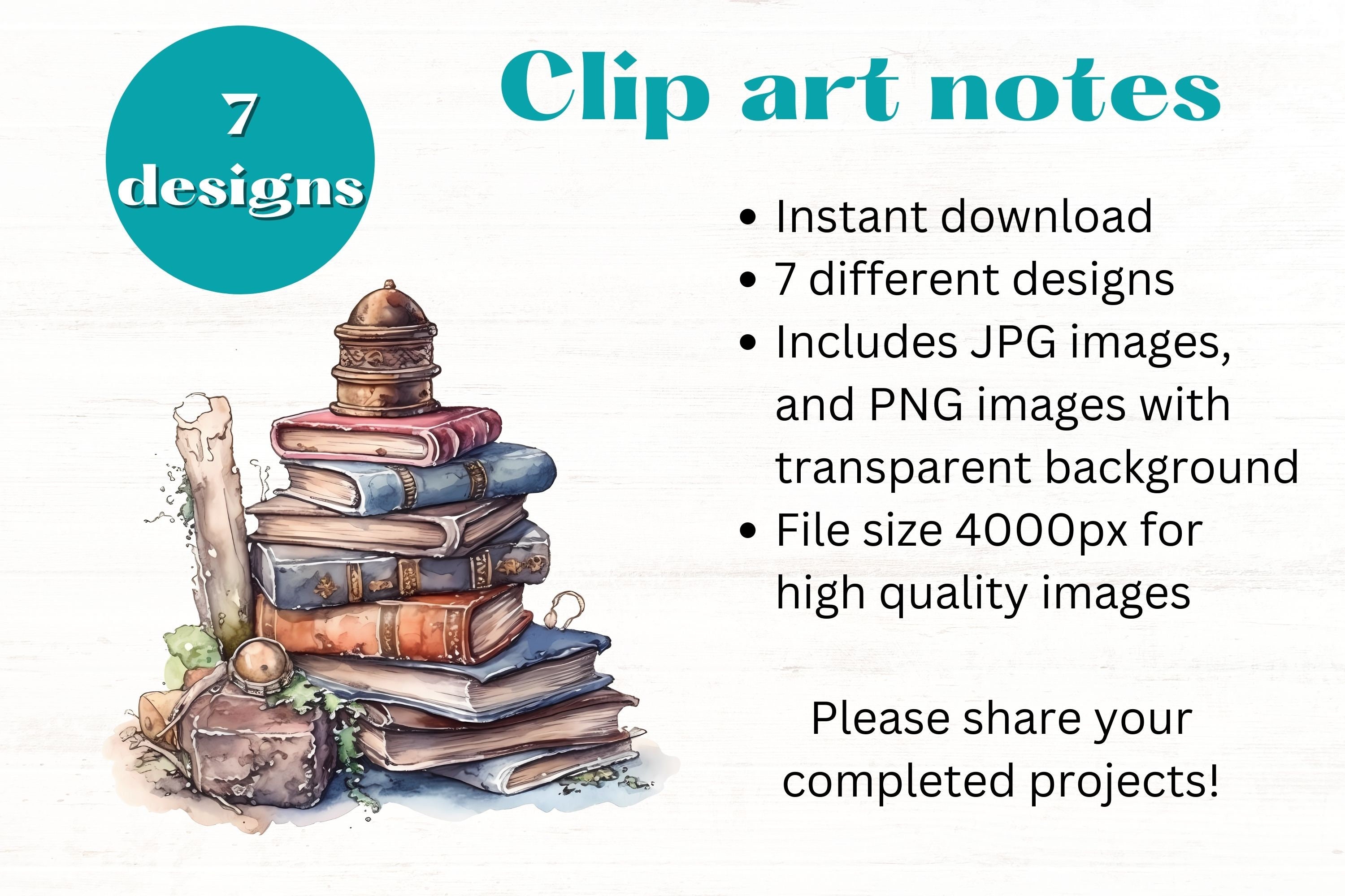 VINTAGE BOOKS Watercolor Clipart Set 7 Clip Art Images - Etsy