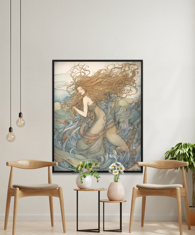 Mermaid Underwater Printable Wall Art, Art Nouveau Style, Digital ...