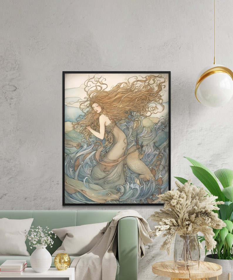 Mermaid Underwater Printable Wall Art, Art Nouveau Style, Digital ...