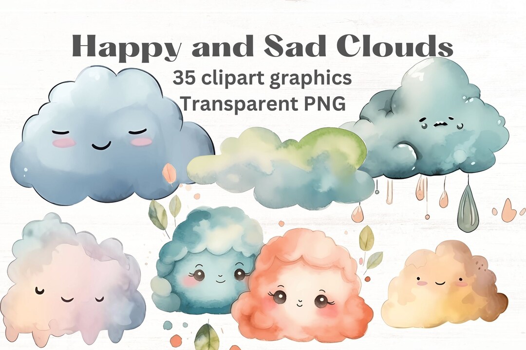 CLOUDS Cartoon Clipart Illustrations, 35 Watercolor Clip Art Images, Transparent Png Files ...
