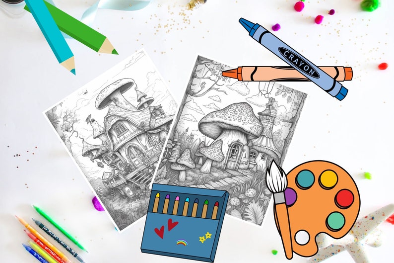 Toadstool Fairy Houses Coloring Pages for Adults, Instant Download ...