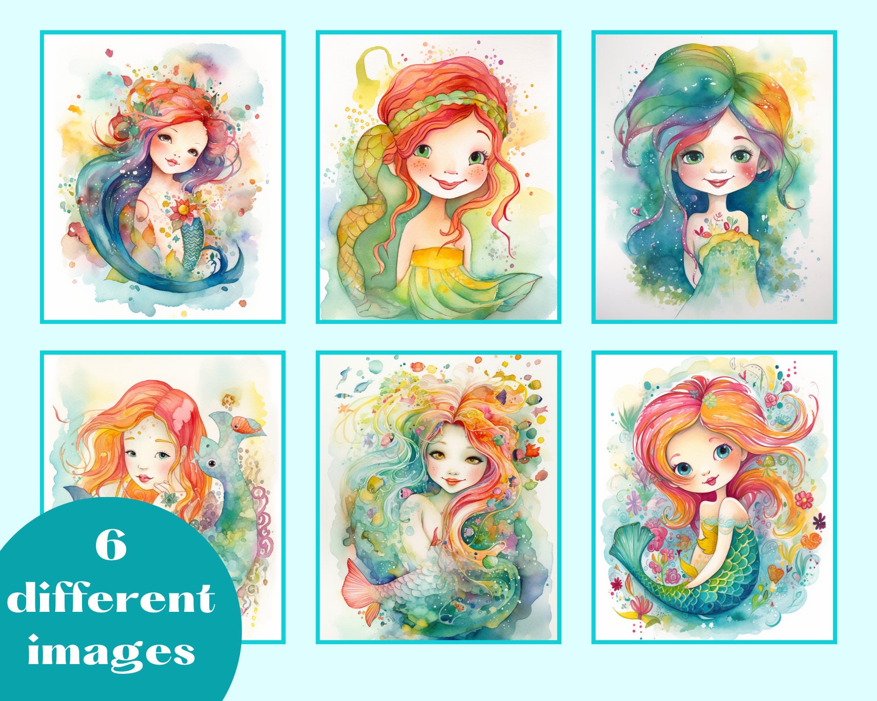 Mermaid Portraits Cute Printable Posters X6, Nursery Pictures for Kids ...
