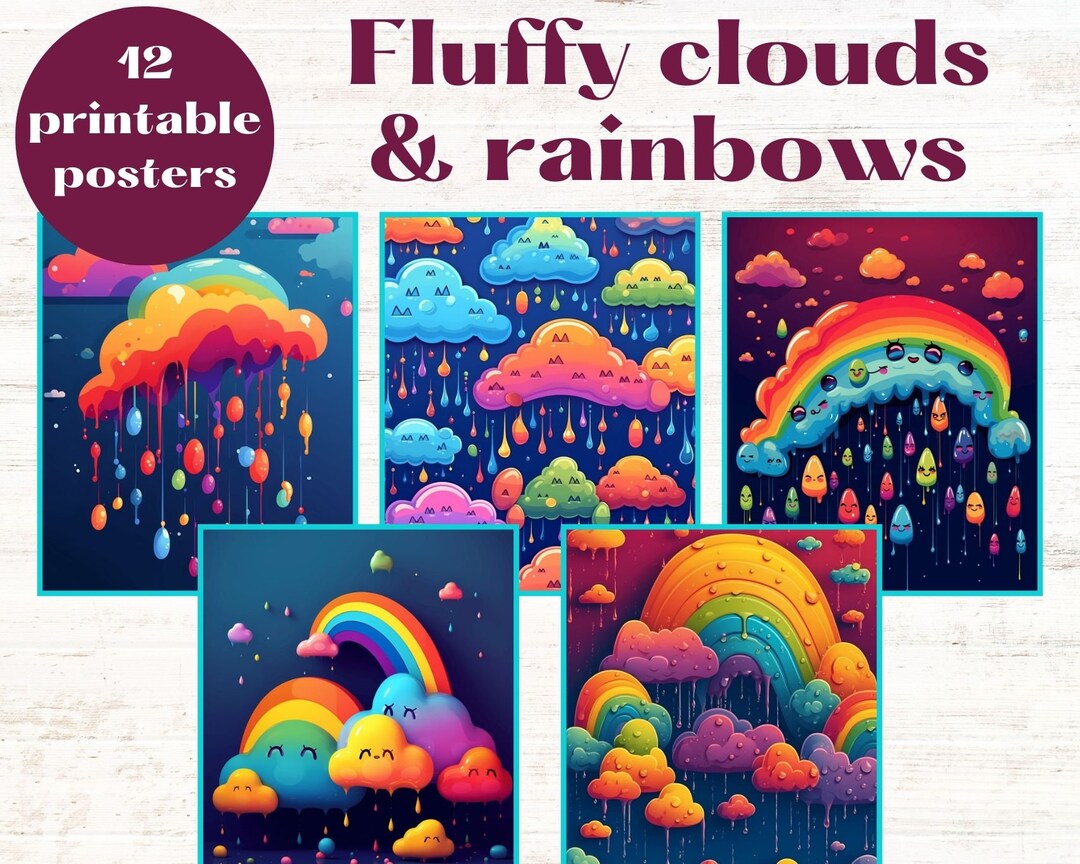 Fluffy Clouds and Colorful Rainbows Full Page Color Wall Art, 12 ...