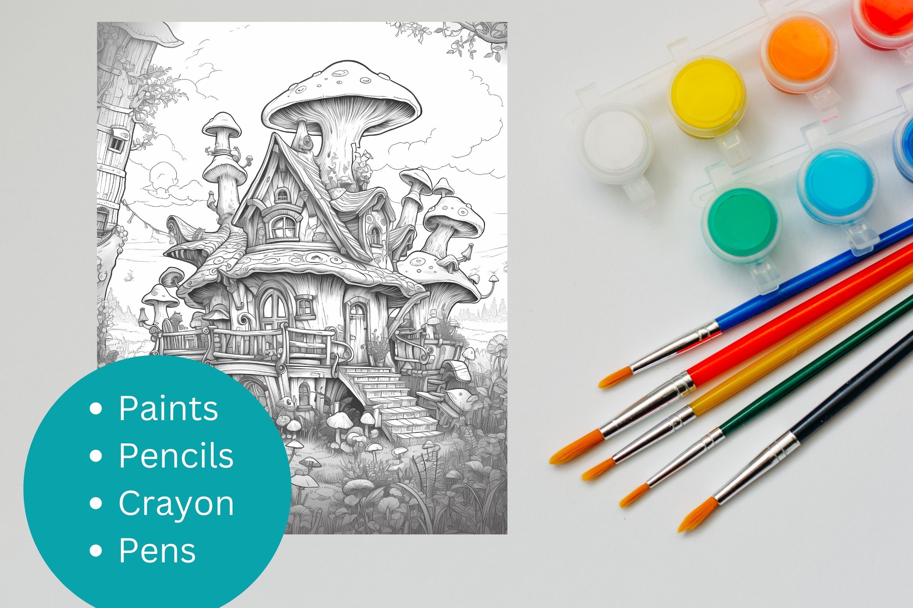 Toadstool Fairy Houses Coloring Pages for Adults Instant - Etsy