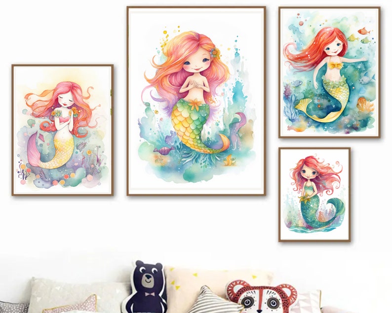 Pastel Mermaids Cute Printable Posters X 6, Nursery Pictures for Kids ...