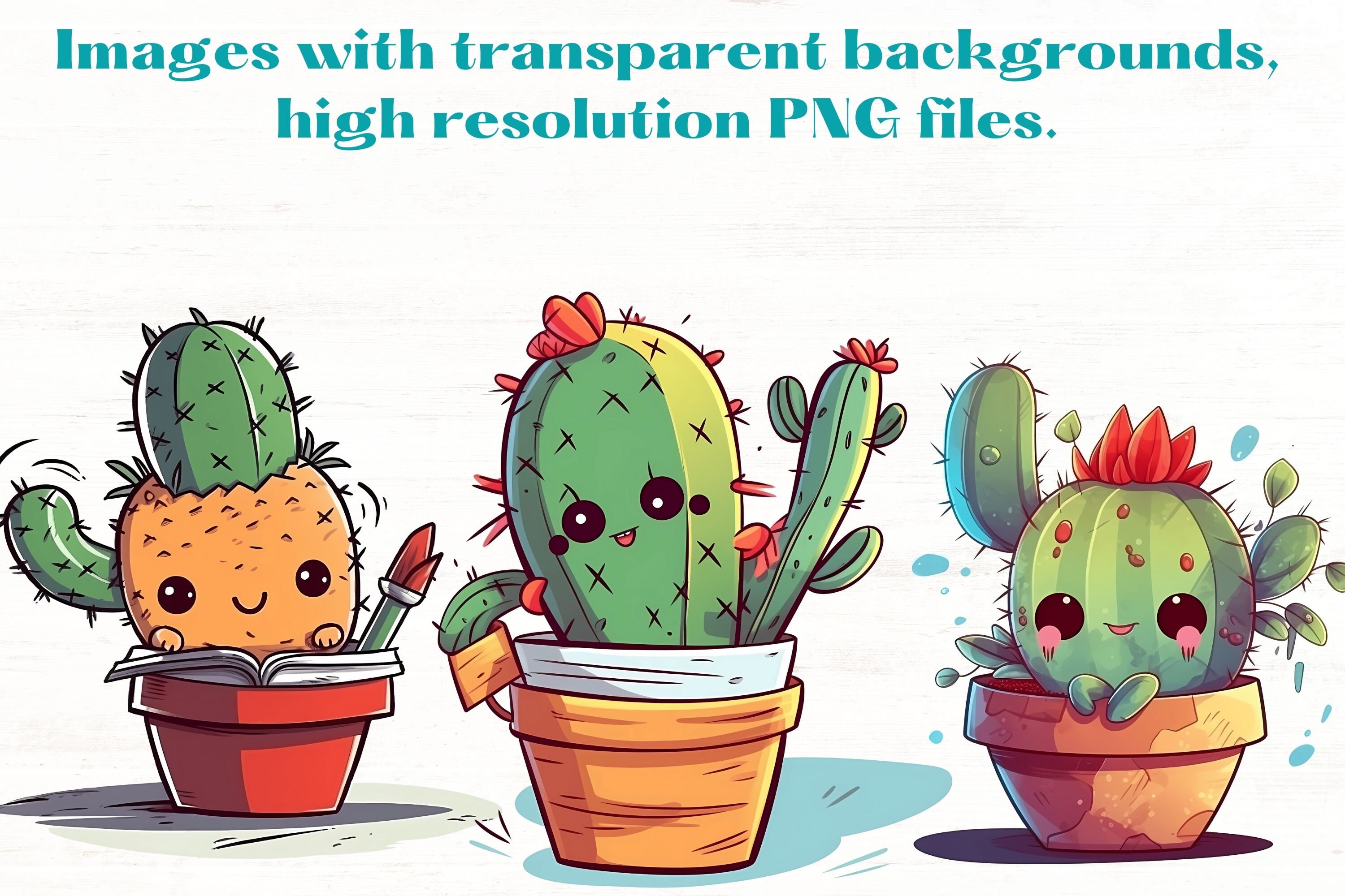 CUTE HAPPY CACTUS Cartoon Clipart Set, 12 Clip Art Images, Transparent ...