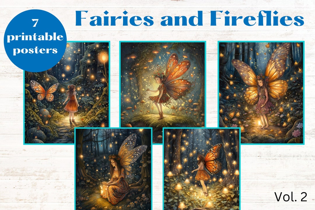 Fairies and Fireflies Wall Art, 7 Printable Fairy Posters, Nursery Wall ...