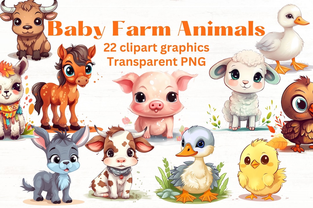 BABY FARM ANIMALS Cartoon Clipart Illustrations, 10 Clip Art Images ...