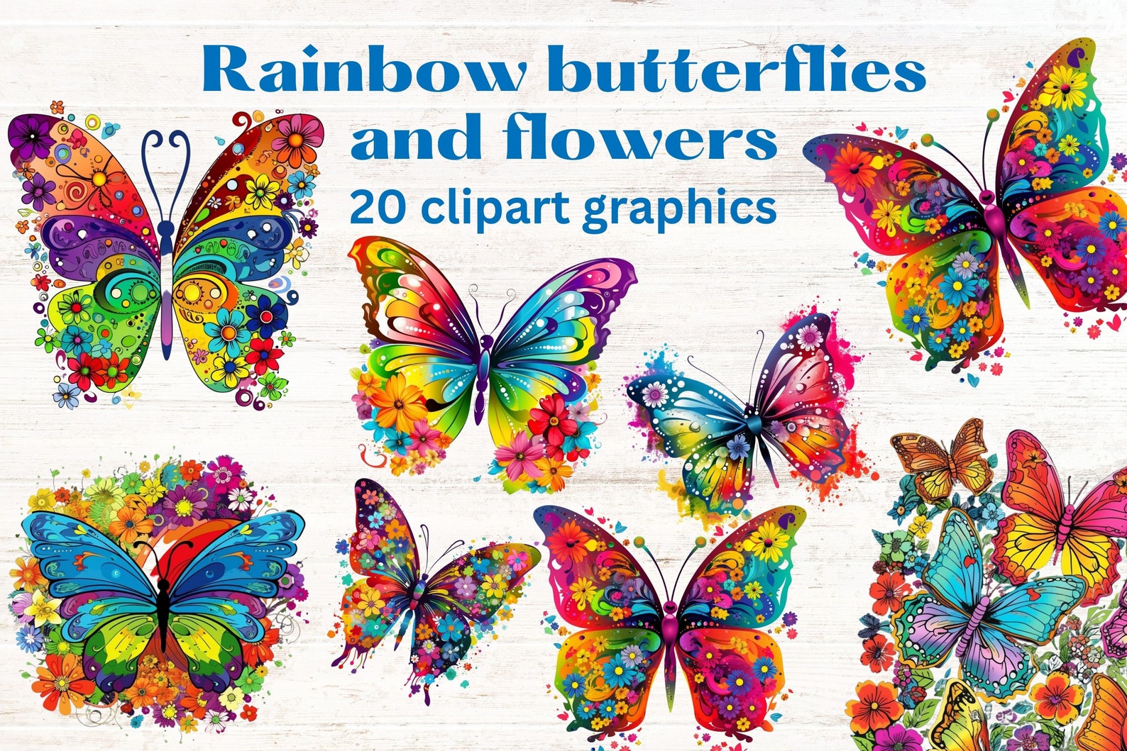Rainbow Butterflies and Flowers Clipart, Transparent Background Png ...