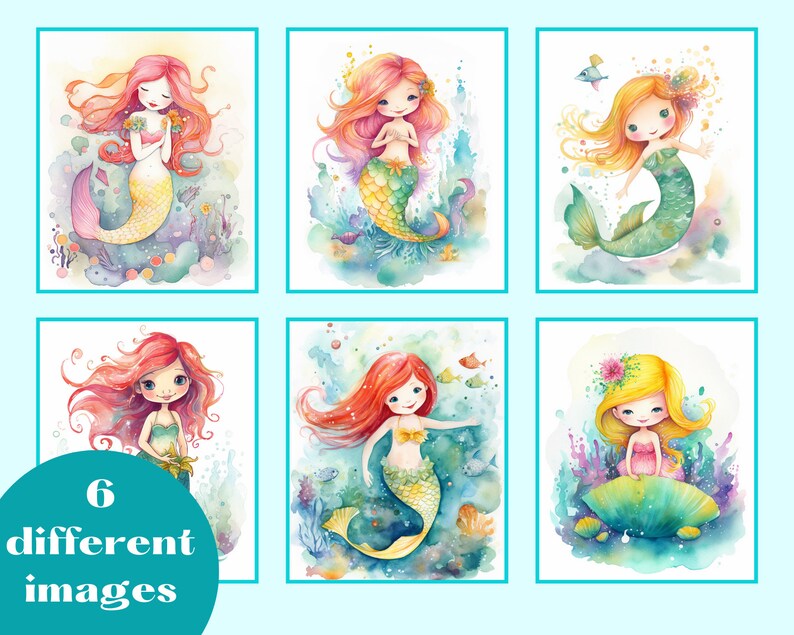Pastel Mermaids Cute Printable Posters X 6, Nursery Pictures for Kids ...
