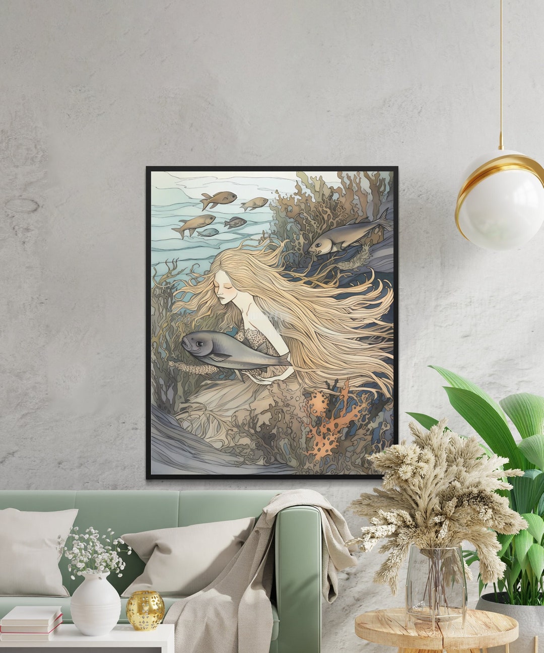 Mermaid Underwater Printable Wall Art, Art Nouveau Style, Digital ...