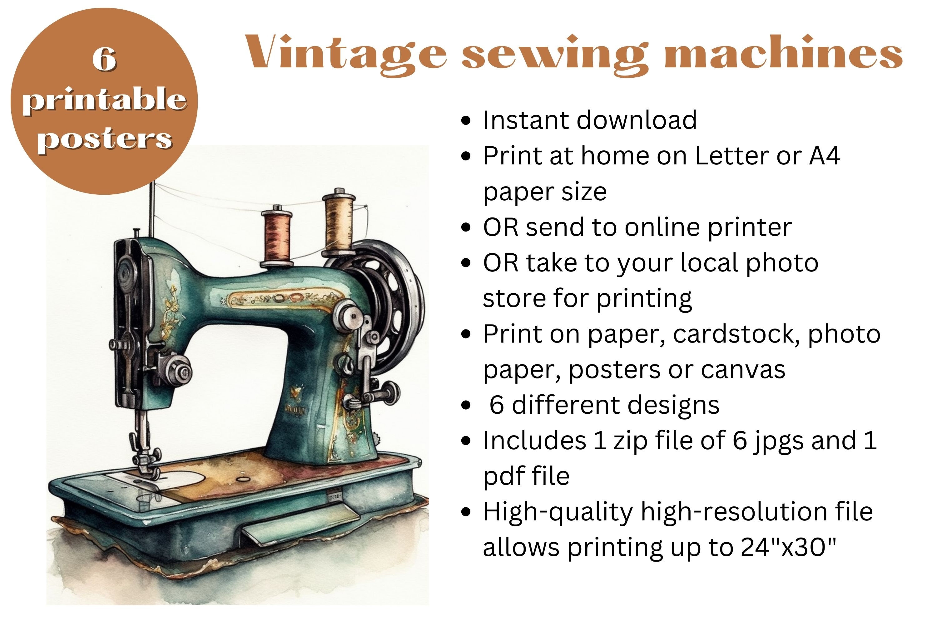 Vintage Sewing Machines Sewing Room Poster Set of 6 Printable - Etsy